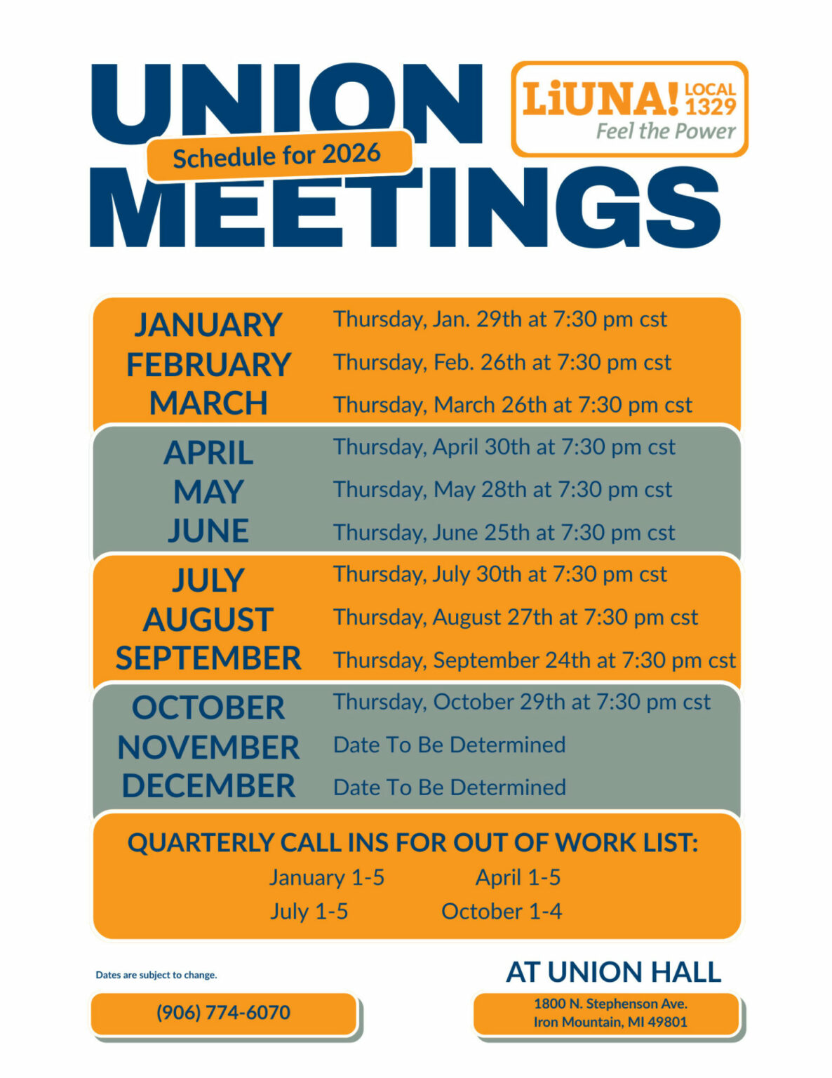 Schedule of Union Meetings – LIUNA – Michigan Laborers Local 1329